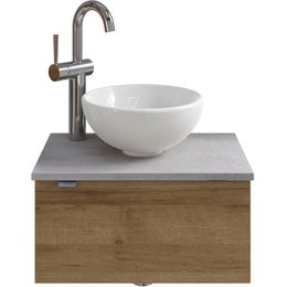 Waschtisch SAPHIR "Serie 6915 Waschschale mit Unterschrank f&uuml;r G&auml;stebad, G&auml;ste WC", braun (riviera eiche, oxid hellgrau, riviera eiche quer nb), B:51cm H:39,8cm T:35cm, Waschtische, Waschtisch, 51 cm breit, 1 T&uuml;r, Waschtischplatte, kleine B&auml;der, ohne Armatur