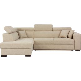 Ecksofa Home Affaire "Tulio L-Form", beige, B:267cm H:95cm T:198cm, Struktur fein (100% Polyester);Struktur (100% Polyester);Samtstruktur (100% Polyester), Sofas, Ecksofa, wahlweise mit Bettfunktion und Bettkasten, incl. 3 Zierkissen