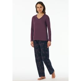 Schlafanzug uncover by Schiesser "Uncover Nightwear", Damen, Gr. 50, blau (823, blau), Single Jersey, Obermaterial: 100% Baumwolle, bequem lang, V-Ausschnitt, Homewear-Sets Schlafanzug, Baumwolle, Singel Jersey-Qualit&auml;t, lang&auml;rmelig, atmungsaktiv, bequem