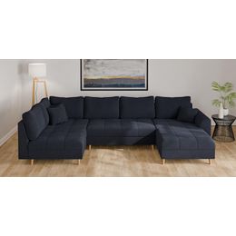 Wohnlandschaft Home Affaire "CHARRE U-Form mit Ottomane, Ma&szlig;e B/T/H: 310/161/81 cm", blau (dunkelblau), B:310cm H:81cm T:161cm, 100% Polyester, Sofas, Wohnlandschaft, feine Steppung, lose R&uuml;cken- und Zierkissen, auch in Cord und Boucl&eacute;