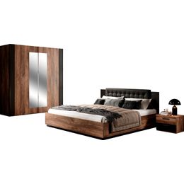 Schlafzimmer-Set Home Affaire "Sigma, Set 4 -St(Kleiderschrank, 2xNako, Bett 180), Made in Europe", braun (eiche flagstaff, schwarz), B:186,3cm H:89,5cm T:205cm, Dekorfolie, FSC-zertifizierter Holzwerkstoff, Kunstleder, Schlafzimmerm&ouml;bel-Sets, Schlafzimmer-Set, Komplettschlafzimmer, viel Stauraum, trendige Farben