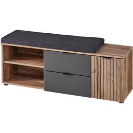 Sitzbank Innostyle "Line Schuhbank inkl. Sitzkissen, 134x51x38cm (B/H/T)", grau (cosmos grau, flagstaff oak umbra, flagstaff oak umbra), B:134cm H:51cm T:38cm, Holzwerkstoff, MDF, Sitzb&auml;nke, Sitzbank, 1 t&uuml;rig, 2 Schubk&auml;sten, Sitzkissen, Soft-Close, ABS-Schutzkanten