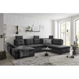 Wohnlandschaft ED EXCITING DESIGN "Alija U-Form", schwarz, B:334cm H:107cm T:217cm, 100% Polyester, Sofas, Wohnlandschaft, mit Bettfunktion, Bettkasten, Armteilverstellung & Kopfst&uuml;tzen