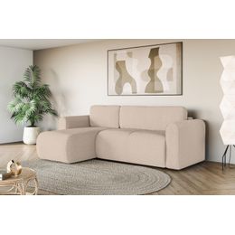 Ecksofa OTTO HOME "Zacharia wahlweise Schlafsofa mit Bettkasten, B/T/H 250/166/86 cm", beige, B:250cm H:86cm T:166cm, 100% Polyester, Sofas, Ecksofa, L-Form mit Wellenunterfederung, Recamiere beidseitig montierbar