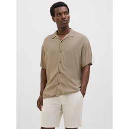 Jack & Jones Kurzarmhemd JACK & JONES "JJEJEFF SOLID RESORT SHIRT S/S SN", Herren, Gr. S, N-Gr, braun (coriander), Web, Obermaterial: 100% Viskose, unifarben, relaxed fit taillenbedeckt, ohne Ausschnitt, Hemden Kurzarmhemd, mit Resort Kragen