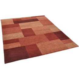 Wollteppich Theko "Dalas - 7709", rot, B:70cm H:18mm L:140cm, Schurwolle, Teppiche, Wollteppich, reine Wolle, handgekn&uuml;pft, Patchwork Design