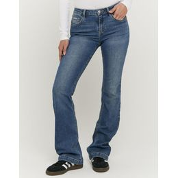 Bootcut-Jeans Tally Weijl "SPADEBOOTY", Damen, Gr. 36, N-Gr, medium indigo washusedeffects2, Denim/Jeans, Obermaterial: 90% Baumwolle, 8% Elastomultiester, 2% Elasthan, leichte Abriebeffekte, bootcut fit lang, Jeans Bootcut-Jeans, Baumwollmischung, Mid Waist
