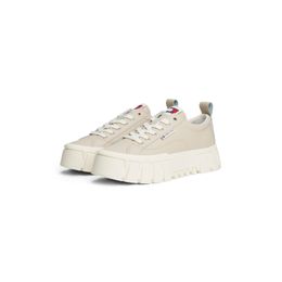 Plateausneaker Tommy Jeans "TJW VULC FLATFORM LEATHER", Damen, Gr. 41, beige, Leder, Lederimitat, unifarben, Schuhe Plateausneaker, Freizeitschuh, Halbschuh, Schn&uuml;rschuh mit dezenten Ziern&auml;hten