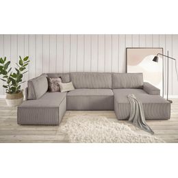 Wohnlandschaft Home Affaire "SHERWOOD U-Form, 329 cm - OTTO. Verl&auml;ssliche Qualit&auml;t.", greige, B:329cm H:85cm T:195cm, 100% Polyester, Sofas, Wohnlandschaft, Schlaffunktion m. Bettkasten (194x139 cm), Cord, Vintage, Samtvelours