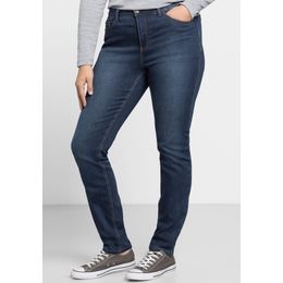 Stretch-Jeans sheego, Damen, Gr. 20, Kurzgr&ouml;&szlig;en, blau (dunkelblau denim), 37% Viskose, 34% Baumwolle, 27% Polyester, 2% Elasthan, unifarben, lang, Jeans Stretch-Jeans