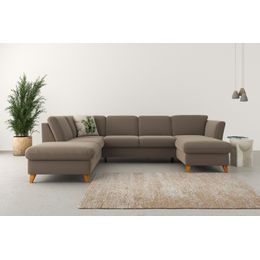 Wohnlandschaft Home Affaire "Trelleborg U-Form", beige (dunkelbeige), B:307cm H:86cm T:213cm, 100% Polyester, Sofas, Wohnlandschaft, Federkern-Polsterung, wahlweise mit Bettfunktion und Stauraum