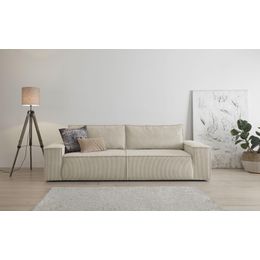 3-Sitzer Home Affaire "SHERWOOD Schlafsofa (257cm) Cord, Samtvelours, Vintage-Lederoptik", beige (hellbeige), B:257cm H:85cm T:106cm, 100% Polyester, Sofas, 3-Sitzer, Schlaffunktion mit Bettkasten (ca. 136/200cm)