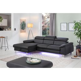 Ecksofa COTTA "Komaris L-Form, B: 244 cm", schwarz, B:244cm H:72cm T:166cm, Microfaser PRIMABELLE (100% Polyester);Kunstleder SOFTLUX(100%Polyurethan);Feinstruktur (100% Polyester);Kunstleder SOFTLUX/Struktur (100%Polyurethan, 90%Polyester, 10% Polyacryl), Sofas, Ecksofa, mit Kopfteilverstellung, optional Bettfunktion, Bettkasten & Licht
