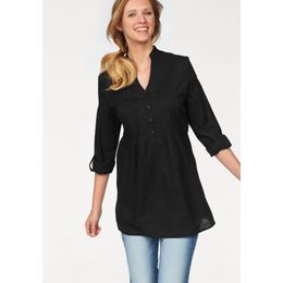Longbluse Aniston CASUAL, Damen, Gr. 36, schwarz, Web, Obermaterial: 100% Baumwolle, unifarben, figurumspielend ca. Mitte Oberschenkel, Rundhals, 1-Knopf-Manschette krempelbar, Blusen Longbluse, mit dekorativer Biesenverarbeitung, Topseller