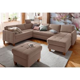 Wohnlandschaft Home Affaire "Earl U-Form", beige (dunkelbeige), B:292cm H:80cm T:204cm, Struktur fein (100% Polyester);Luxus-Microfaser ALTARA NUBUCK (100% Polyester);Luxus-Microfaser in Lederoptik (100% Polyester), Sofas, Wohnlandschaft, wahlweise auch mit Bettfunktion oder Bettfunktion mit Bettkasten