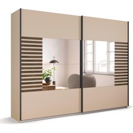 Schwebet&uuml;renschrank Rauch "Kleiderschrank Schrank Garderobe Schlafzimmerschrank BAREA", beige (champagner, atlantic oak dunkel), B:271cm H:210cm T:62cm, Holzwerkstoff, Schr&auml;nke, Schwebet&uuml;renschrank, Front- Auflage in moderner Lamellen-Optik und Spiegel MADE IN GERMANY