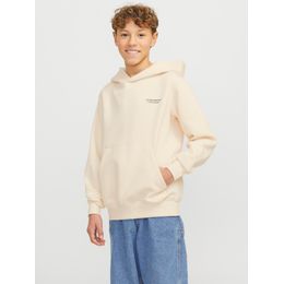 Jack & Jones Kapuzensweatshirt JACK & JONES JUNIOR "JORISLINGTON BACK SWEAT HOOD SN JNR", Jungen, Gr. 140, wei&szlig; (antique wei&szlig;), angeraute Sweatware, Obermaterial: 70% Baumwolle, 30% Polyester, unifarben, loose fit normal, Rippb&uuml;ndchen, Sweatshirts Kapuzensweatshirt