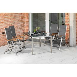 Garten-Essgruppe Merxx "Ferrara", grau, B:62cm H:116cm T:101cm, Edelstahl, FSC-zertifiziertes Massivholz, Polyester, Sitzm&ouml;bel-Sets, Garten-Essgruppe, 4 Klappsessel, Gartentisch