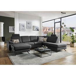 Wohnlandschaft DIE PLANBAR "PN-EM15047 U-Form, mit Kopfst&uuml;tzen", grau (anthrazit), B:309cm H:104cm T:235cm, Sofas, Wohnlandschaft, Echtleder, wahlweise mit Bettfunktion u. Stauraum
