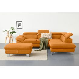 Ecksofa COTTA "Driver L-Form", gelb (amber), B:268cm H:73cm T:214cm, Kunstleder SOFTLUX;LEDER BEEFY (ein abgedecktes Spalt-Rindsleder) im Sitz und R&uuml;cken (Korpus in Kunstleder);Luxus-Kunstleder;Leder Pampas (echtes Rindsleder) im Sitz und R&uuml;cken (R&uuml;ckseite mit Spannstoff bezogen), Sofas, Ecksofa, mit Kopfteilverstellung, wahlweise mit Bettfunktion & Bettkasten