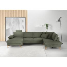 Wohnlandschaft 3C CANDY "Lecce, wahlweise PUR-Schaumstoff oder Tonnentaschenfederkern U-Form", gr&uuml;n (oliv), B:339cm H:86cm T:220cm, 95% Polyester, 5% Nylon, Sofas, Wohnlandschaft, Bettkasten in Umbauecke und Longchair, sowie Querschl&auml;fer im 2-Sitzer