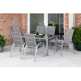 Garten-Essgruppe Merxx "Amalfi di lusso", braun (diamantbraun), B:56,5cm H:104cm T:77cm, Aluminium, Polyester, Sitzm&ouml;bel-Sets, Garten-Essgruppe, 4 Stapelsessel, Hochlehner, Gartentisch