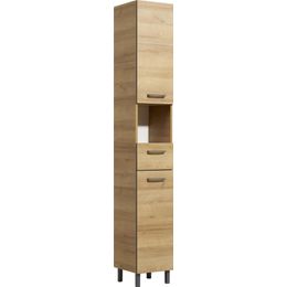 Hochschrank SAPHIR "Quickset 919 Badschrank, 30 cm breit, 2 T&uuml;ren, Nische, 1 Schublade", braun (riviera eiche quer nachbildung), B:30cm H:195,5cm T:33cm, Holzwerkstoff, Schr&auml;nke, Hochschrank, Badezimmer-Hochschrank inkl. T&uuml;rd&auml;mpfer, Griffe in Grau