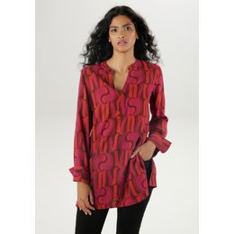 Longbluse Aniston SELECTED, Damen, Gr. 38, rot (dunkelrot, rot, fuchsia), Web, Obermaterial: 100% Viskose, bedruckt, gemustert, l&auml;ssig geschnitten Po-bedeckend, V-Ausschnitt, lange Manschette, Blusen Longbluse, mit asymmetrischem Saum und extra langen Manschetten, Topseller