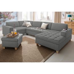 Wohnlandschaft Home Affaire "Corby, viel Platz und Komfort, U-Form", grau (hellgrau), B:333cm H:80cm T:199cm, Struktur fein (100% Polyester);Chenille (100% Polyester);NaturLEDER (echtes Rindsleder) auf Sitzfl&auml;che, Kunstleder im Korpus;Melrose (100% Polyester), Sofas, Wohnlandschaft, wahlweise mit Bettfunktion, Steppung auf Sitzfl&auml;che