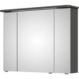 Spiegelschrank SAPHIR "Serie 4005 Badezimmer-Spiegelschrank inkl. LED-Kranzbeleuchtung", grau (lack steingrau hochglanz), B:90cm H:72,2cm T:17cm, Holzwerkstoff, Schr&auml;nke, Spiegelschrank, Badschrank 90 cm breit, 3 T&uuml;ren, 6 Glas-Einlegeb&ouml;den, inkl. T&uuml;rd&auml;mpfer