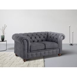 Chesterfield-Sofa Home Affaire "Chesterfield 2-Sitzer B/T/H: 150/89/74 cm", grau (anthrazit), B:150cm H:74cm T:89cm, Struktur (100% Polyester), Sofas, Chesterfield-Sofa, mit hochwertiger Knopfheftung, auch in Leder