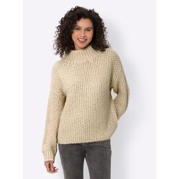 Strickpullover Heine "Pullover", Damen, Gr. 40, beige (sand, champagner, meliert), 57% Polyacryl, 22% Polyester, 11% Wolle, 10% Viskose, unifarben, Pullover Strickpullover