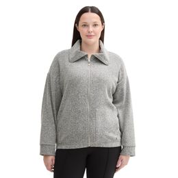 Sweatjacke Tom Tailor PLUS, Damen, Gr. 46, grau (grau heringbone boucle), Sweatware, Obermaterial: 60% Polyester, 40% Baumwolle, Fischgratmuster, regular fit taillenbedeckt, ohne Ausschnitt, B&uuml;ndchen, Sweatjacken Sweatjacke, mit Fischgr&auml;tenmuster