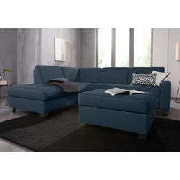 Ecksofa DOMO collection "Florentina zeitlos und elegant, Sitzn&auml;hte als Designelement, L-Form", blau (dunkelblau), B:243cm H:84cm T:209cm, Struktur fein (100% Polyester);Luxus-Microfaser (100% Polyester);Luxus-Microfaser in Chenille-Optik (100% Polyester);Microvelour (100% Polyester);Webstoff (100% Polyester), Sofas, Ecksofa, wahlweise mit Bettfunktion, mit Kontrastnaht, Komfortsitzh&ouml;he 47cm