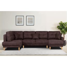 Wohnlandschaft Home Affaire "TRIPLO U-Form wahlweise mit Schlaffunktion, B/T/H: 310/192/90 cm", braun, B:310cm H:90cm T:192cm, 100% Polyester, Sofas, Wohnlandschaft, Schlafsofa, auch mit Bettkasten, Steppung im R&uuml;ckenkissen