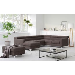 Wohnlandschaft COTTA "Sammy U-Form", braun (mud), B:304cm H:74cm T:240cm, NaturLEDER, die R&uuml;ckseite ist mit schwarzem und die Liegefl&auml;che der Bettfunktion ist mit beigem Spannstoff bezogen, Sofas, Wohnlandschaft, mit Kopfteilverstellung, wahlweise mit Bettfunktion & Bettkasten