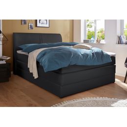 Boxspringbett Hapo, schwarz (schwarz, kunstleder), Liegefl&auml;che B/L: 140cm x 200cm, kein H&auml;rtegrad, Bonnell-Federkernmatratze, Kopfteil, seitliche Unterbox und Obermatratze sind mit pflegeleichtem Feinstrukturstoff in Leinenoptik (100% Polyester) oder Kunstleder bezogen;Die Oberseite der Unterfederung und die Ober- und Unterseite der Obermatratze sind jeweils mit einem rutschhemmenden Stoff aus 100