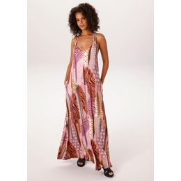 Sommerkleid Aniston CASUAL, Damen, Gr. 46, N-Gr, beere, lila, lachs wei&szlig;, braun, goldfarben, grau, orange, gr&uuml;n, oliv, rose, bordeaux, Single Jersey, Obermaterial: 95% Viskose, 5% Elasthan, bedruckt, gemustert, A-Linie kn&ouml;chelfrei, V-Ausschnitt, Kleider Sommerkleid, mit fantasievollen Patch-Drucken - NEUE KOLLEKTION