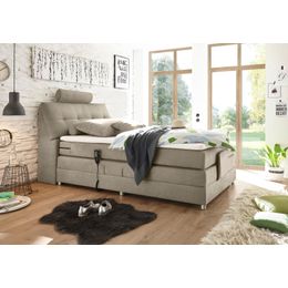 Boxspringbett ED EXCITING DESIGN "Palermo", beige (beige, soro 23 sand), B:120cm L:234cm, 100% Polyester, Komplettbetten, Boxspringbett, inkl. Motor, Topper, Kopfst&uuml;tze und Stauraum im Kopfteil