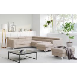 Wohnlandschaft COTTA "Sammy U-Form", grau (platinum), B:304cm H:74cm T:240cm, NaturLEDER, die R&uuml;ckseite ist mit schwarzem und die Liegefl&auml;che der Bettfunktion ist mit beigem Spannstoff bezogen, Sofas, Wohnlandschaft, mit Kopfteilverstellung, wahlweise mit Bettfunktion & Bettkasten