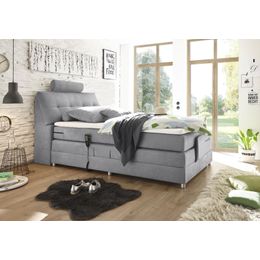 Boxspringbett ED EXCITING DESIGN "Palermo", grau (grau, soro 90 light grau), B:120cm L:234cm, 100% Polyester, Komplettbetten, Boxspringbett, inkl. Motor, Topper, Kopfst&uuml;tze und Stauraum im Kopfteil