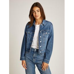 Jeansjacke Tommy Jeans "CLASSIC TRUCKER JACKET AI6136", Damen, Gr. XS (34), blau (denim medium), Denim/Jeans, Obermaterial: 99% Baumwolle, 1% Elasthan, unifarben, normal h&uuml;ftlang, 1-Knopf-Manschette, Jacken Jeansjacke, mit typischen Trucker Details, mit Schmucksteinen
