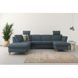 Wohnlandschaft Home Affaire "Trelleborg U-Form", blau (blaugrau), B:307cm H:86cm T:213cm, 100% Polyester, Sofas, Wohnlandschaft, Federkern-Polsterung, wahlweise mit Bettfunktion und Stauraum