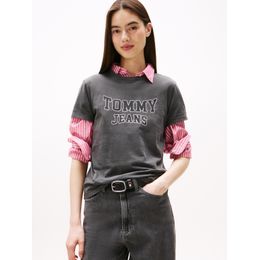 Kurzarmshirt Tommy Jeans "TJW REG VARSITY TEE EXT", Damen, Gr. L (40), schwarz, Single Jersey, Obermaterial: 100% Baumwolle, bedruckt, normal, Rundhals, Shirts Kurzarmshirt, Baumwolle, Logo Print