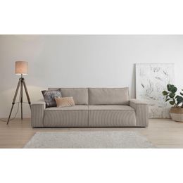 3-Sitzer Home Affaire "SHERWOOD Schlafsofa (257cm) Cord, Samtvelours, Vintage-Lederoptik", greige, B:257cm H:85cm T:106cm, 100% Polyester, Sofas, 3-Sitzer, Schlaffunktion mit Bettkasten (ca. 136/200cm)