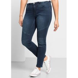 Stretch-Jeans sheego, Damen, Gr. 22, Kurzgr&ouml;&szlig;en, blau (dunkelblau denim), 37% Viskose, 34% Baumwolle, 27% Polyester, 2% Elasthan, unifarben, lang, Jeans Stretch-Jeans