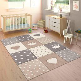 Kinderteppich Paco Home "Cosmo 339", beige, B:140cm H:16mm L:200cm, Polypropylen, Teppiche, Kinderteppich, Kurzflor, Pastell-Farben, 3D-Effekt, Motiv Herz, Punkte & Krone