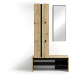 Kompaktgarderobe ByLiving "Dielen - Set Nante", artisan eiche, schwarz, B:100cm H:186cm T:40cm, FSC-zertifizierter Holzwerkstoff, Glas, Kunststoff, Metall, Schr&auml;nke, Kompaktgarderobe, maximale Ordnung auf wenig Fl&auml;che mit Spiegel, Kleiderstange und Haken