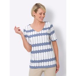 T-Shirt Classic Basics "Kurzarm-Shirt", Damen, Gr. 40, blau (taubenblau, ecru, bedruckt), 100% Baumwolle, gemustert, mehrfarbig, V-Ausschnitt, Shirts T-Shirt