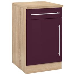 Unterschrank KOCHSTATION "KS-Samos", lila (aubergine hochglanz, eiche sonoma), B:50cm H:85cm T:60cm, Schr&auml;nke, Unterschrank, 50 cm breit